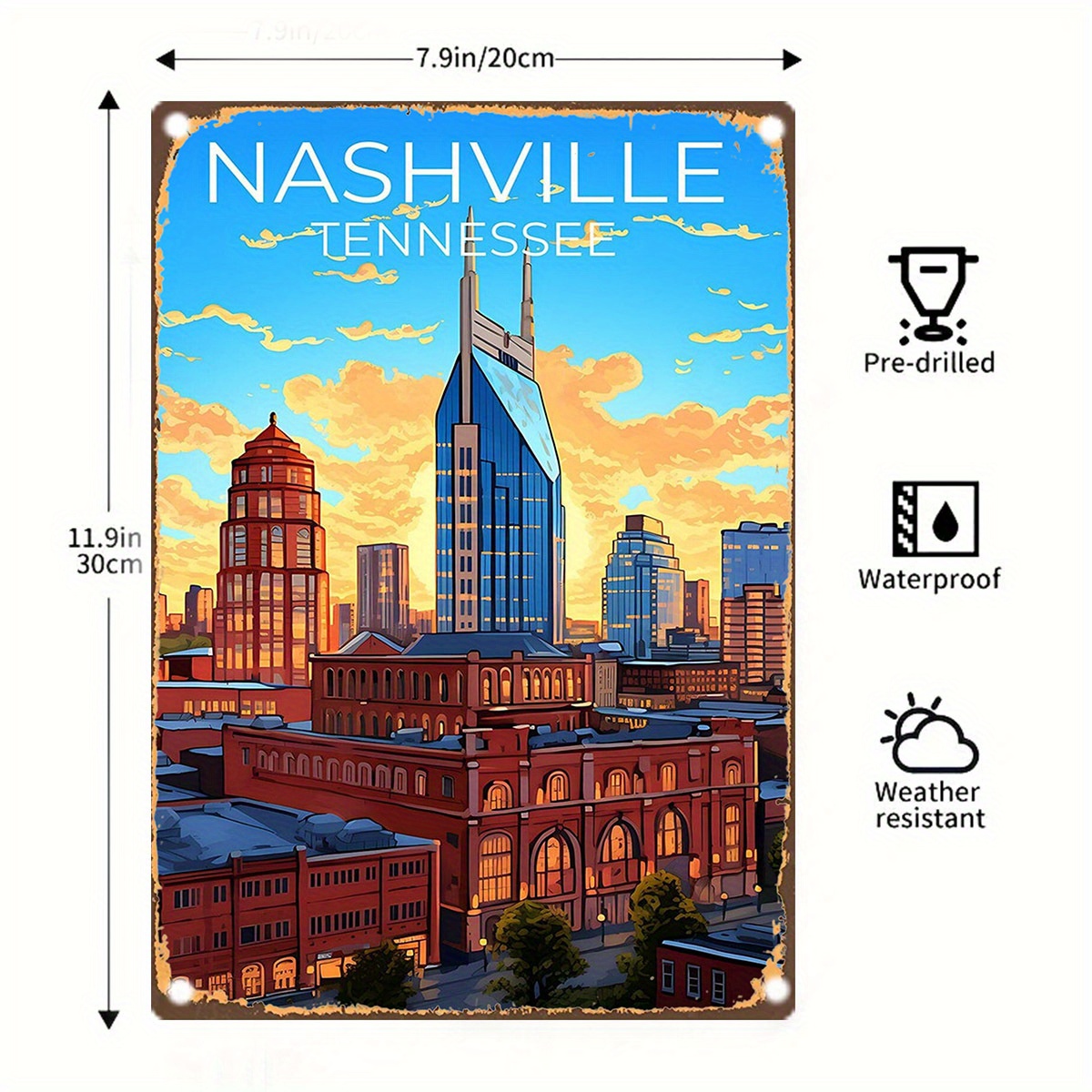Vintage Nashville Tennessee Cityscape Metal Sign Pre drilled - Temu
