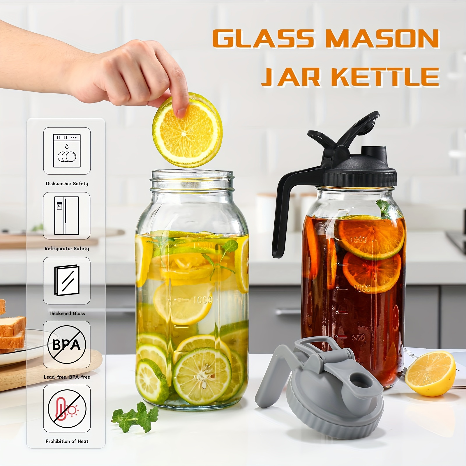 Glass Mason Jar Water Bottle Handle Lid Measurement Markings - Temu
