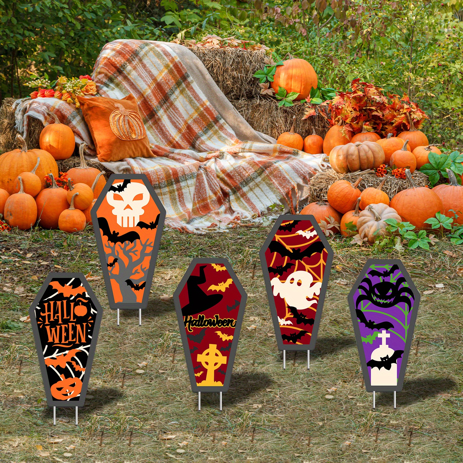 Halloween Yard Sign Set Spooky Ghost Coffin Designs Durable - Temu ...