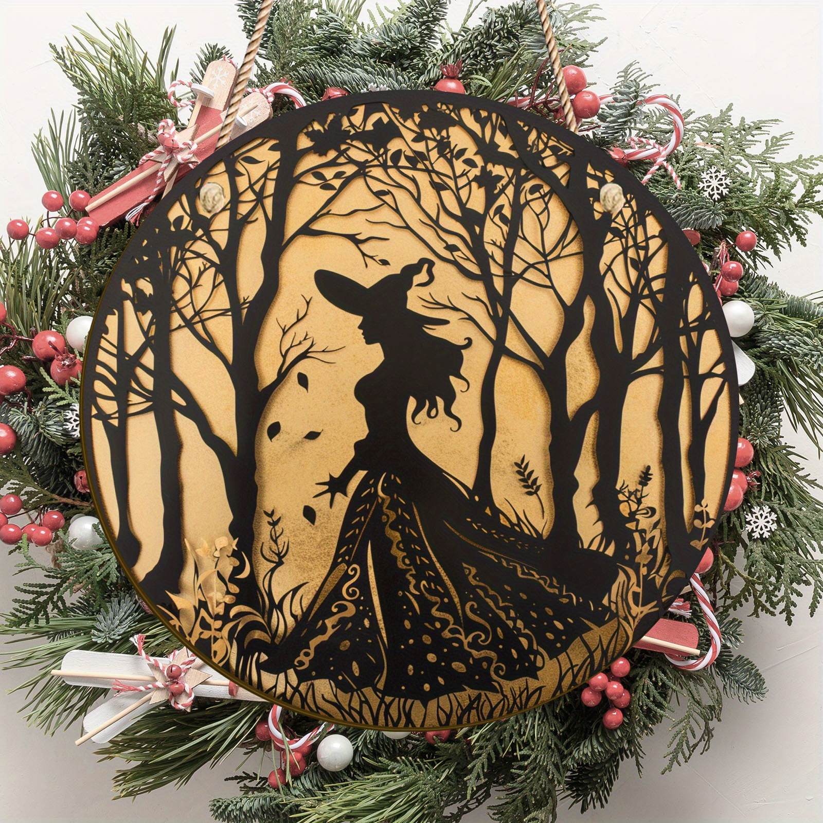 Witch Silhouette Round Wooden Sign - Temu