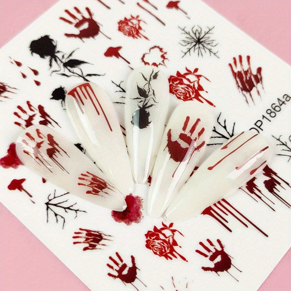 할로윈 글리터 네일 아트 스티커 자체 접착 손과 발을 위한 으스스한 손바닥 및 피 장미 디자인 반짝이는 마감 일회용 네일 스티커 네일 아트 발톱 네일 폴리쉬