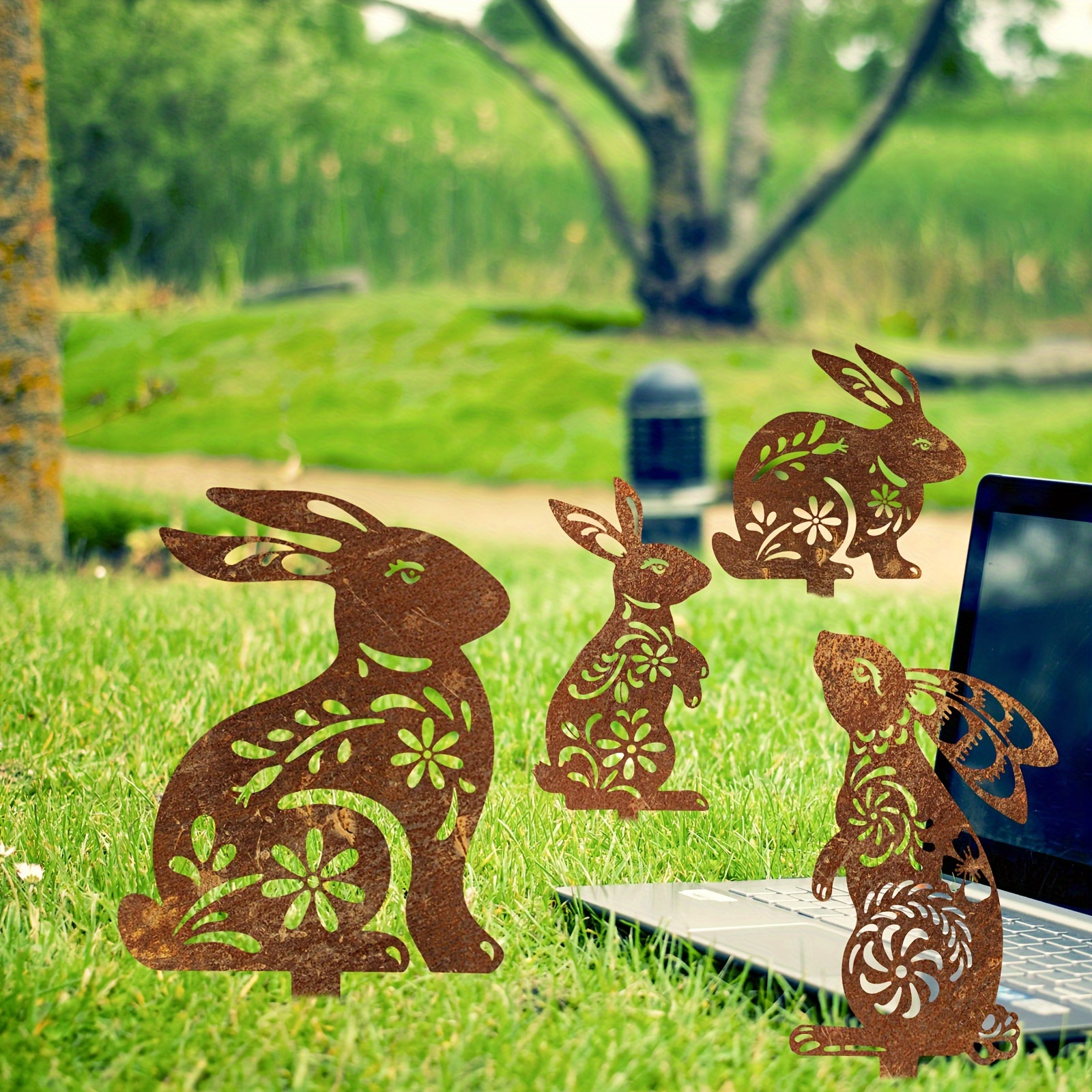 Charming Rustic Metal Rabbit Garden Stake Iron Rust Color - Temu United ...