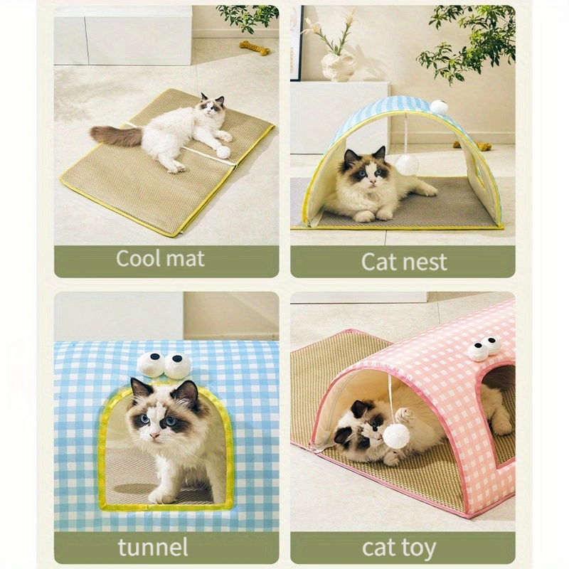 냉각 매트가 있는 아늑한 고양이 터널 침대 메모리 폼 충전 세탁 가능한 라탄 놀이집 Temu