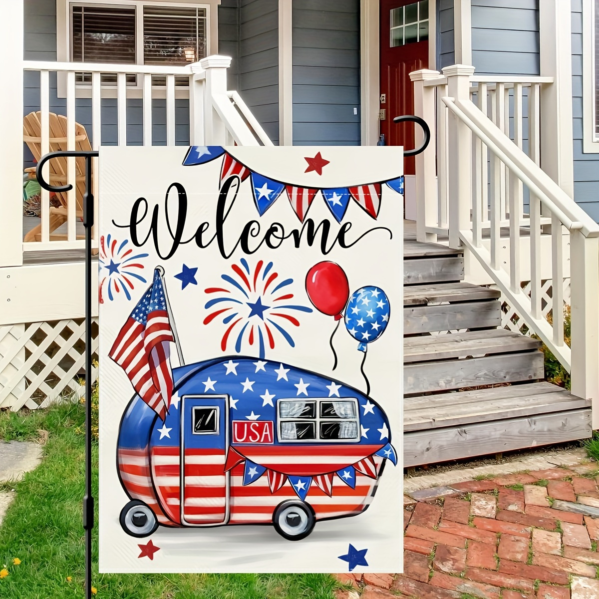 jit 애국적인 환영 정원 깃발 양면 리넨 야드 배너 미국 국기와 불꽃놀이 디자인 날씨에 강한 집안 및 야외 - {region_name}