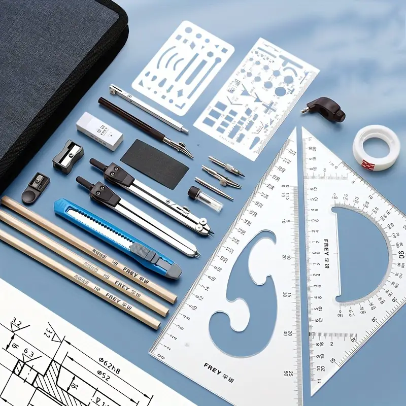プロ仕様の製図・製図ツールキット コンパス 分度器 定規 テンプレートを備えた精密工学・機械製図セット 学生向けの完全な Temu Japan