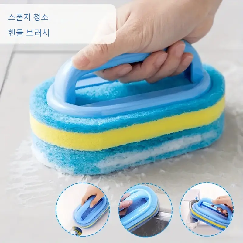 손잡이가 있는 다용도 주방 청소 스펀지 욕실 타일 및 유리 얼룩 제거용 내구성 있는 스크럽 브러시 상업용으로 Temu