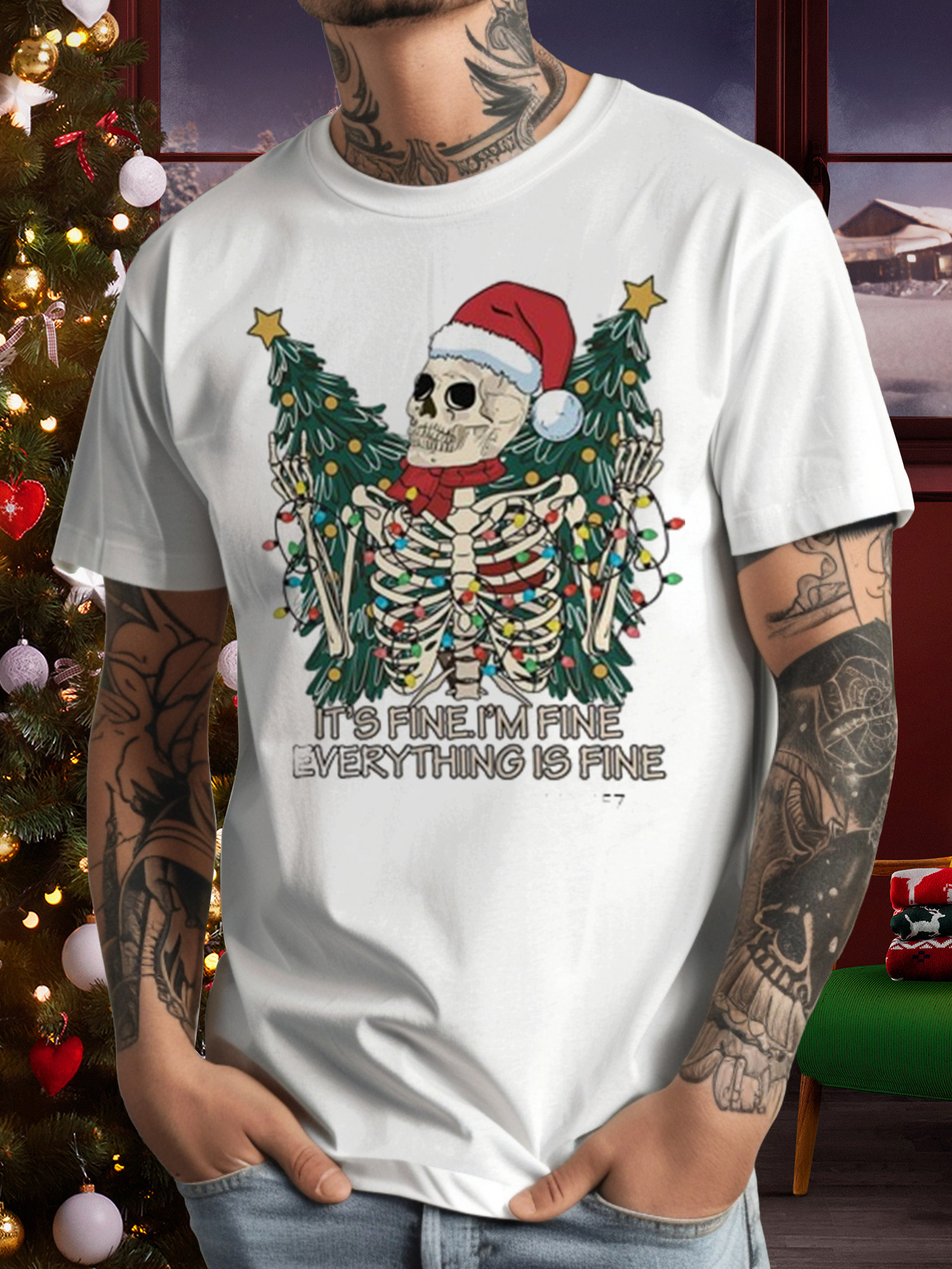 Men's Festive Christmas Skeleton Print Cotton T shirt Crew - Temu