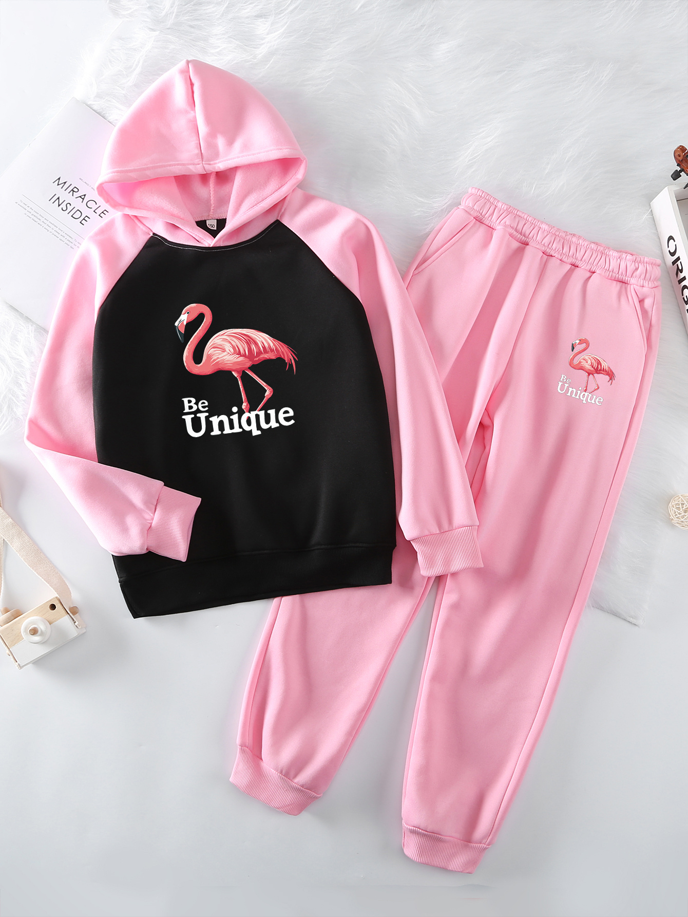 kids' casual flamingo print hoodie jogger set knit fabric - Temu