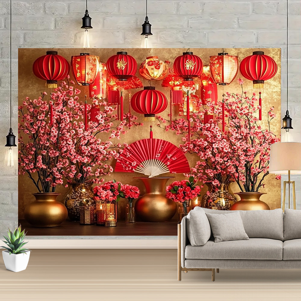 Vibrant Red Lanterns Flowers Wall Backdrop Chinese New Year - Temu