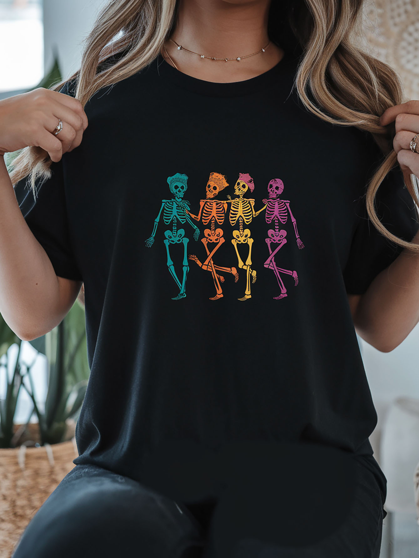 Women's Casual Cotton T shirt Unique Skeleton Print Crew - Temu