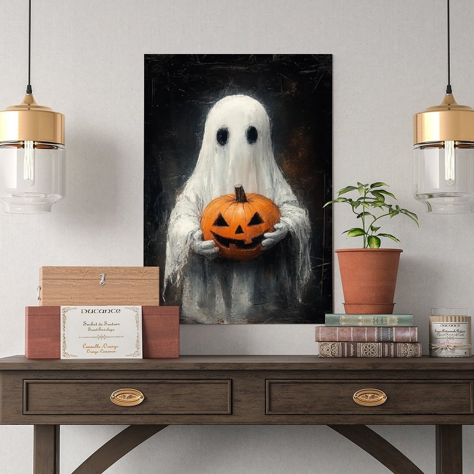 Retro Halloween Canvas Mural Cute Ghosts Standing Pumpkin - Temu