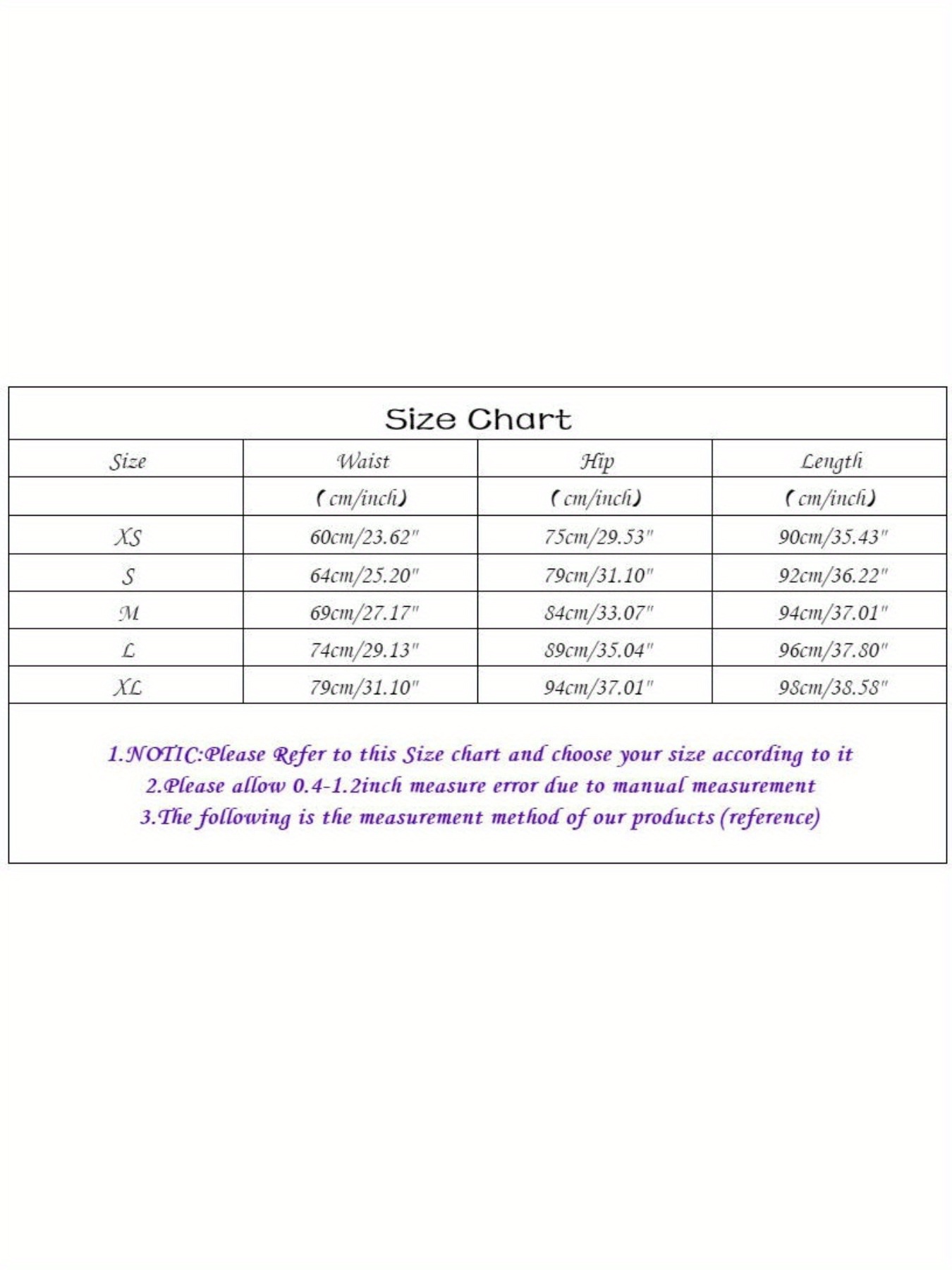 clothing size chart sold on Temu United States