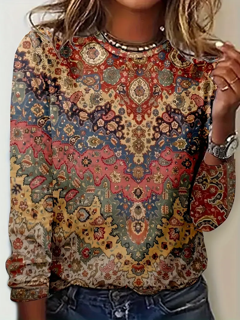 Colorblock Floral Print Crew Neck T Shirt Casual Long Sleeve Temu