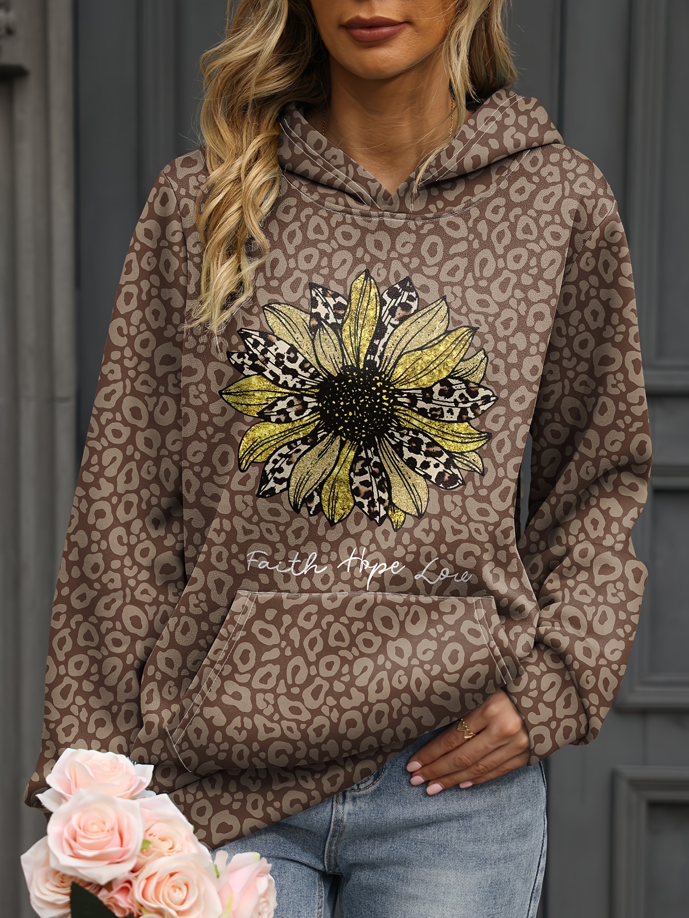 Floral Print Sweatshirt Plus Size Casual Long Sleeve Hooded - Temu Australia