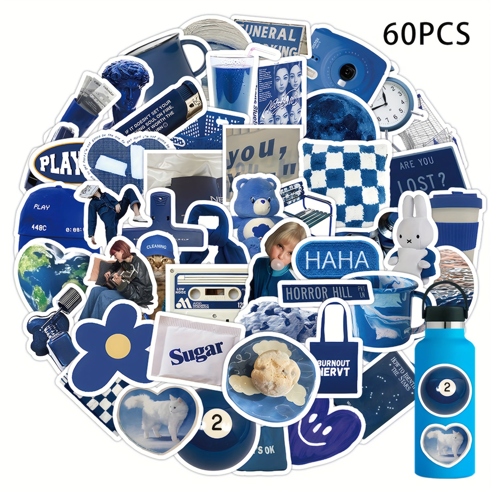60 Pcs Blue Sticker Pack, Cute Blue Stickers Waterproof 100% Vinyl