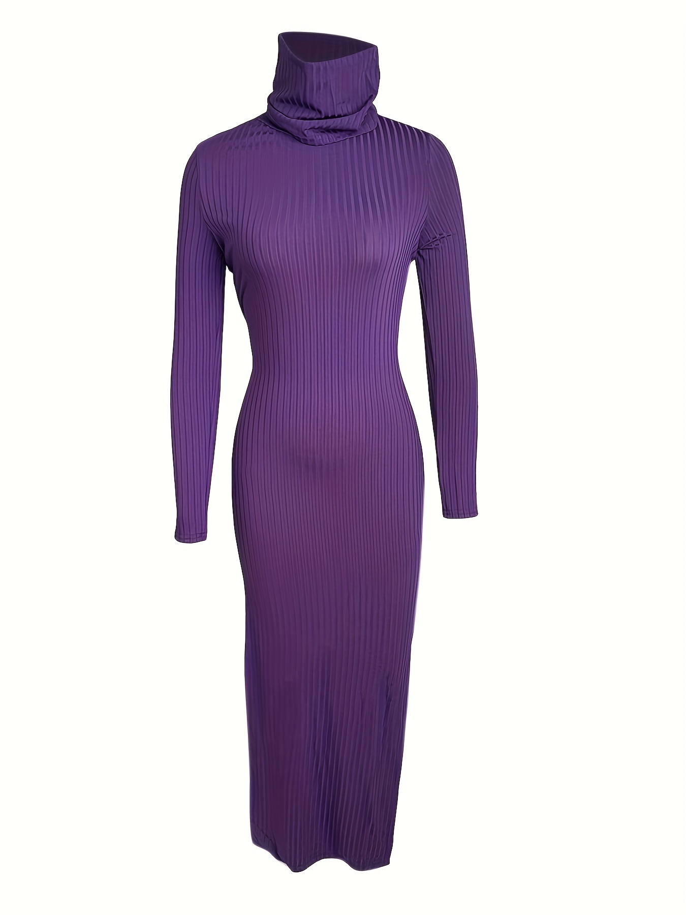Ribbed Knit Long Sleeve Split Dress Casual Turtle Neck Dress - Temu ...