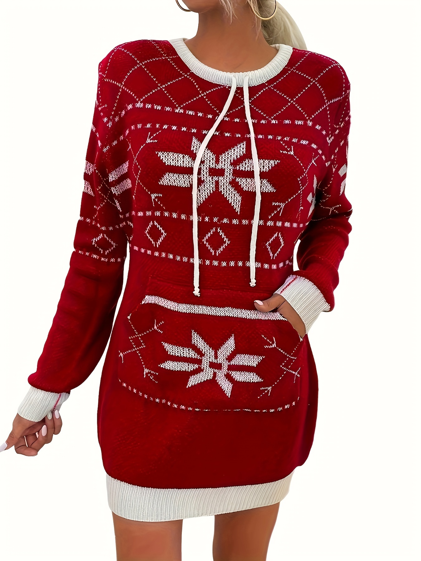 Snowflake Pattern Crew Neck Drawstring Dress Casual Long - Temu Canada