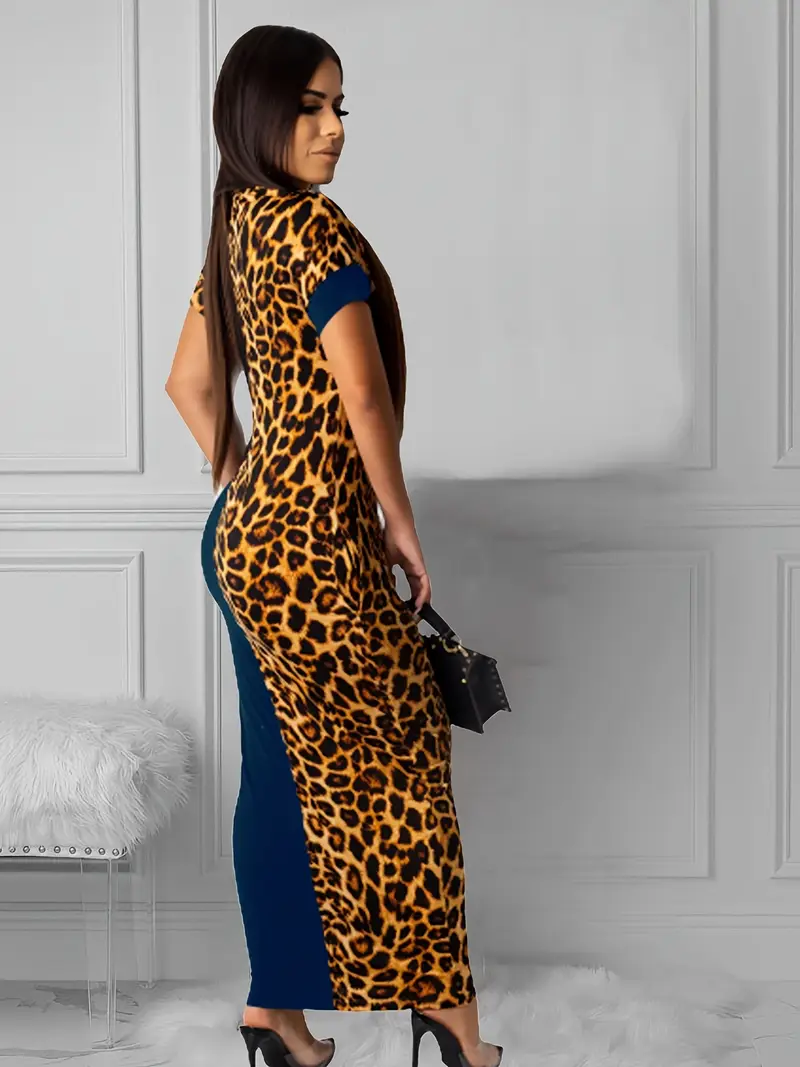 Leopard Print Bodycon Dress Elegant Stitching Crew Neck Temu