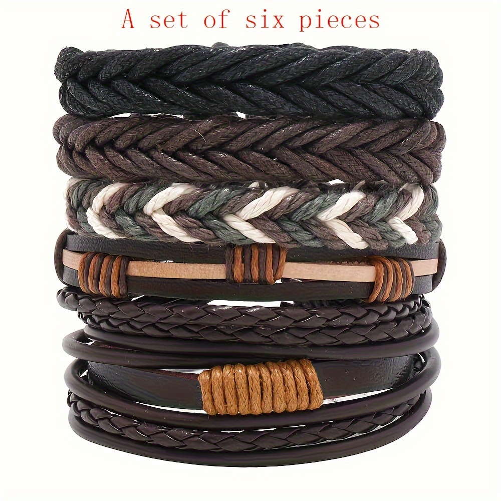 Bracelet En Cuir Pu Multicouche Tissé À La Main Pour Hommes, 6 Pièces ...