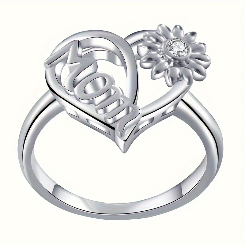 Chic Promise Ring Heart + Mom + Flower Design Inlaid - Temu United Kingdom