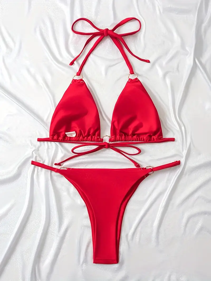 Ring Link Halter Tie Back Bikini Set Solid Color Triangle V Strings