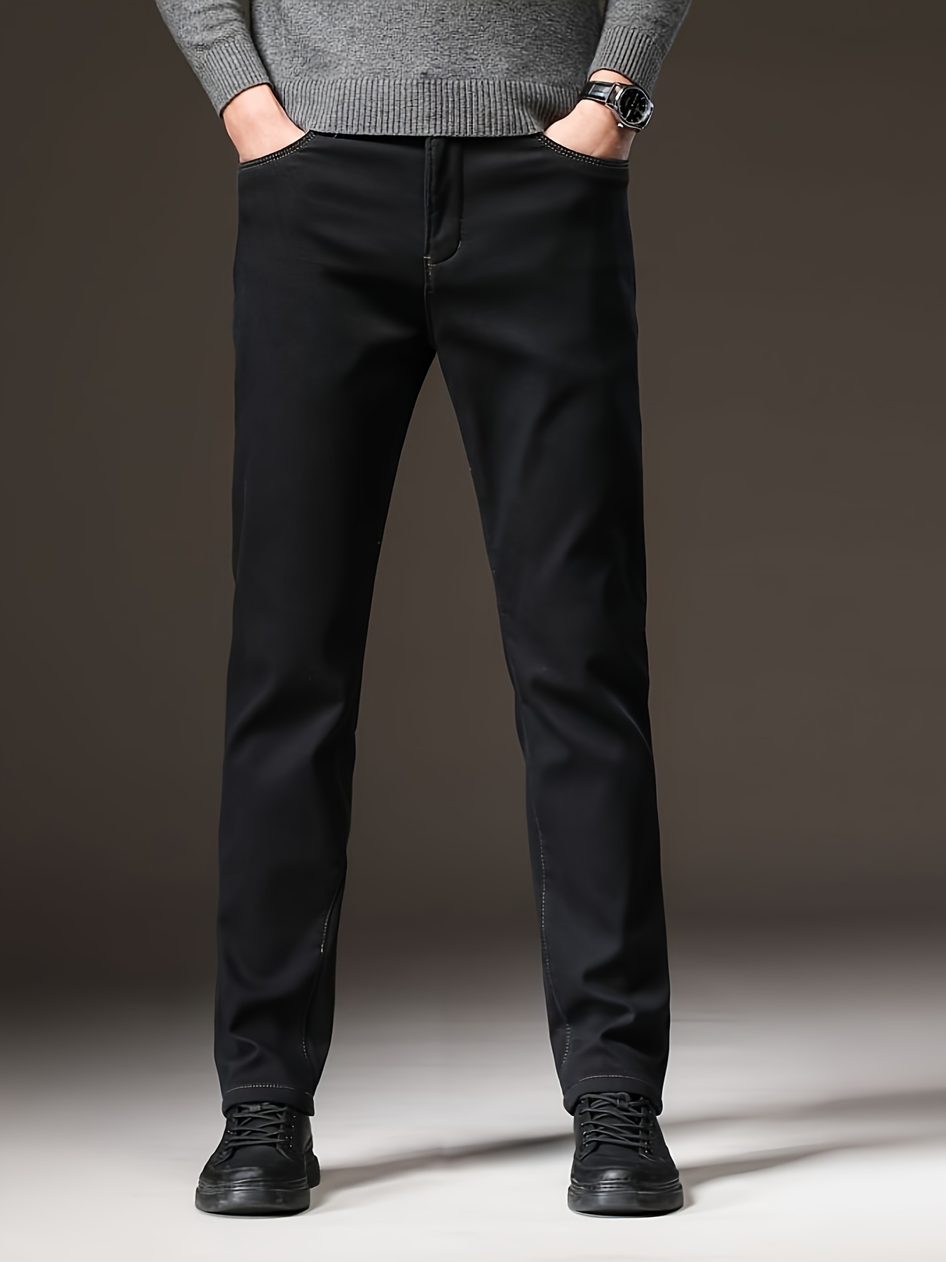 Men's Stylish 100% Cotton Comfy Solid Denim Trousers Pockets - Temu Canada