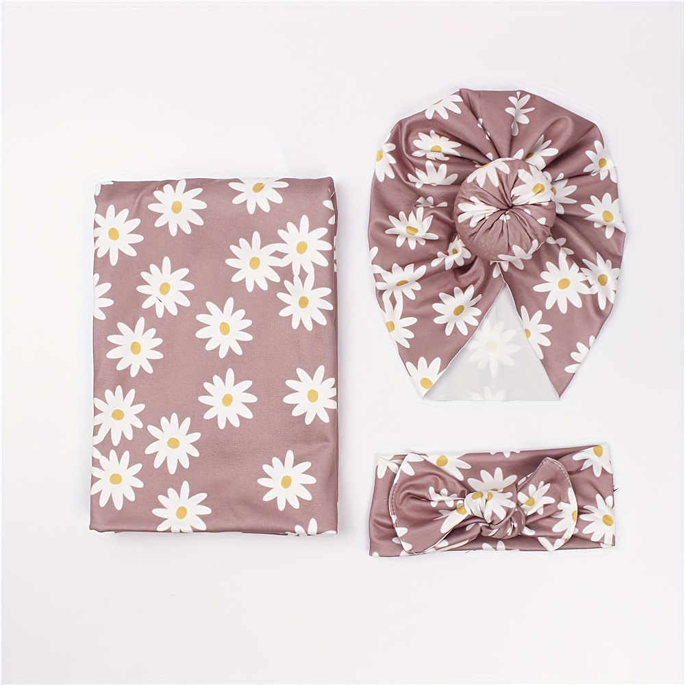 Baby Flower Pattern Bow Hairband Turban Hat Swaddling - Temu Canada