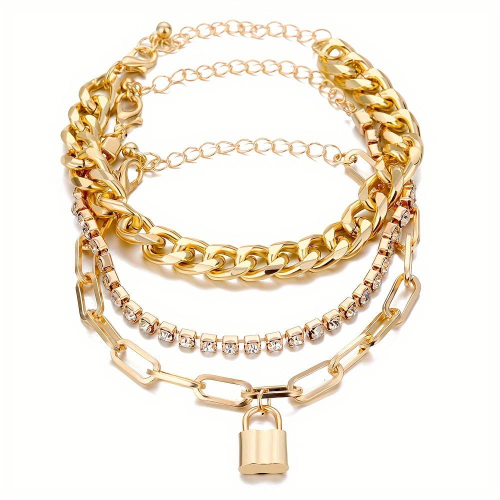 Lock Pendant Cuban Chain Bracelet Set Inlaid Shiny Faux - Temu United ...