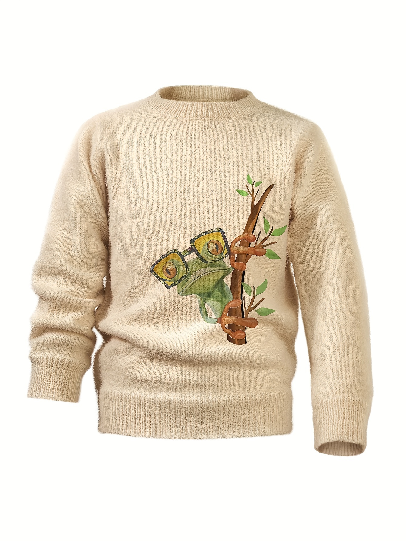 Solid Crew Neck Sweater Girls Knitwear Cute Frog Pattern - Temu Philippines
