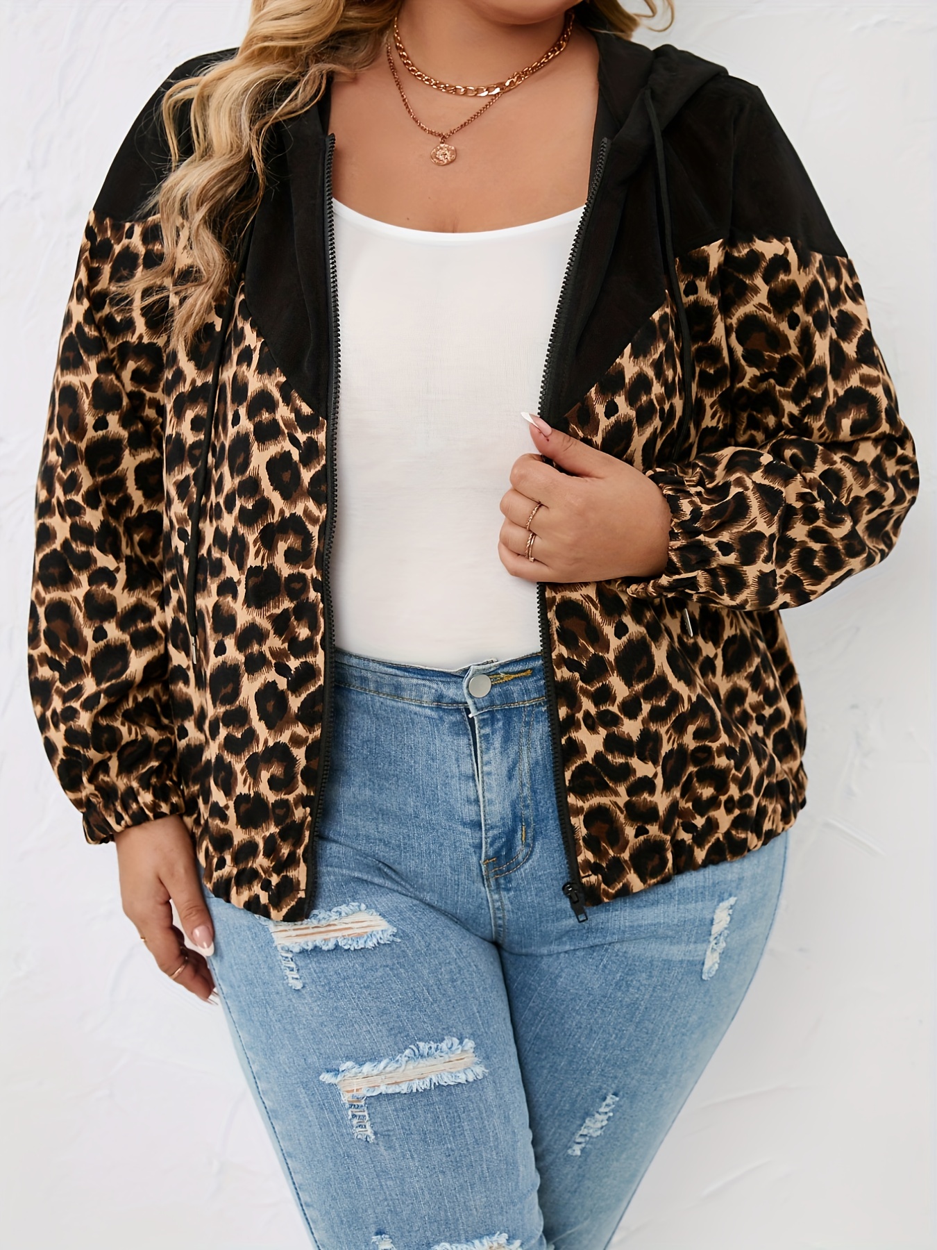 Plus Size Colorblock Leopard Print Long Sleeve Hoodie Jacket Temu New