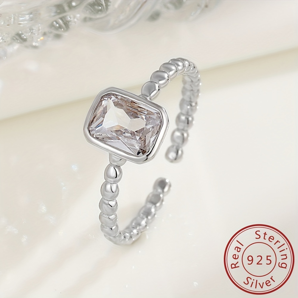 925 Sterling Silver Ring 24k Gold Plated Inlaid Square Zircon Silvery ...