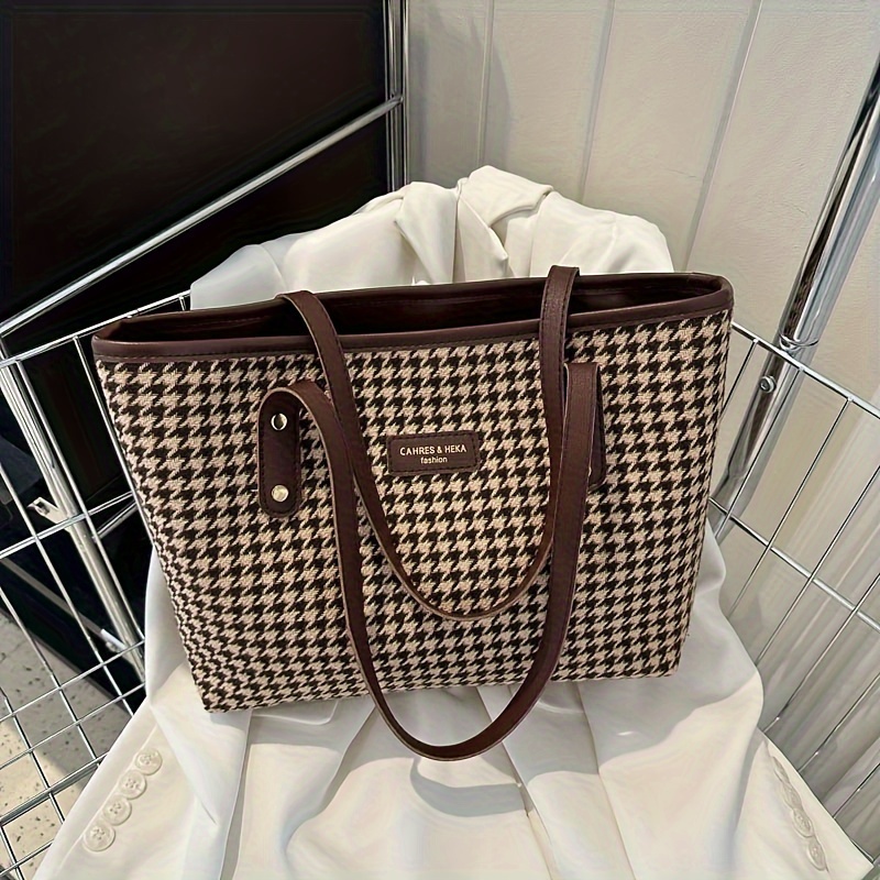 Retro Houndstooth Pattern Tote Bag Large Capacity Shoulder - Temu Canada