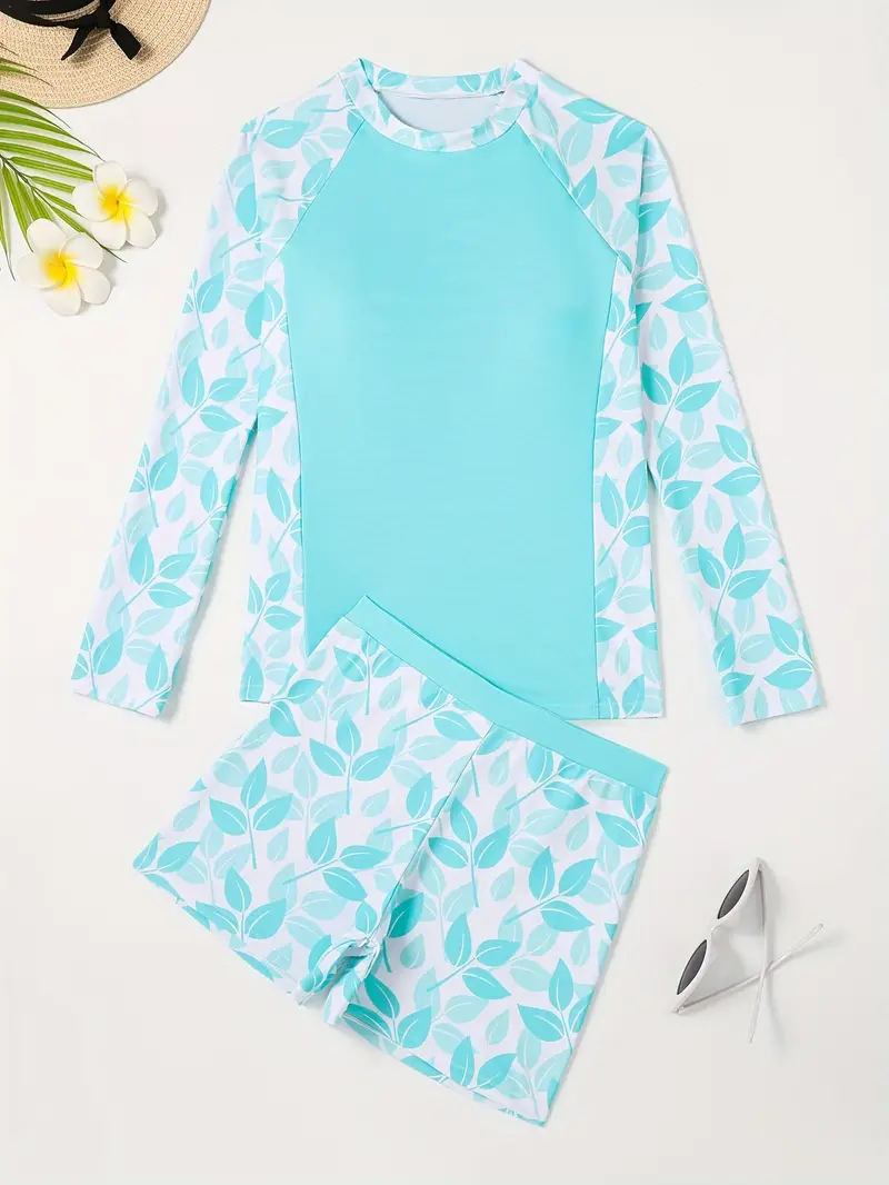 Traje Baño 2 Piezas Estampado Hojas Raglan Manga Larga Playa Temu Mexico
