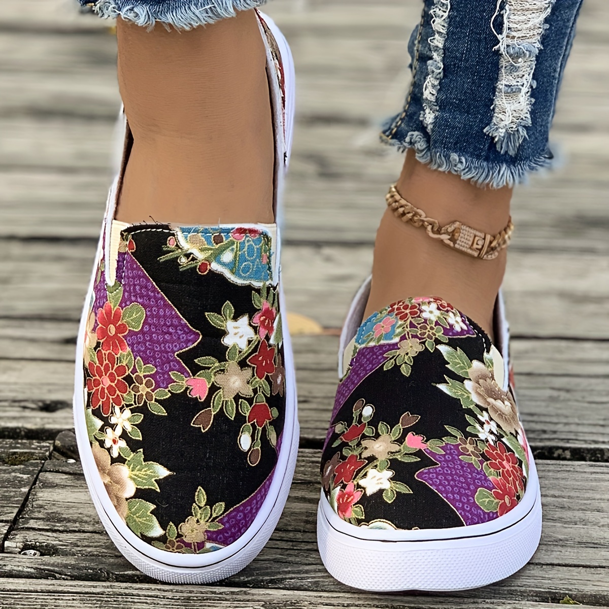 Women S Flower Print Sneakers Casual Slip Outdoor Shoes Temu Canada
