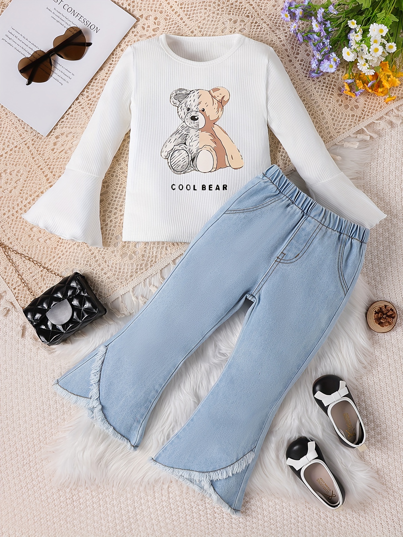 creative bear graphic outfits 2pcs girls comfy t shirt denim - Temu ...