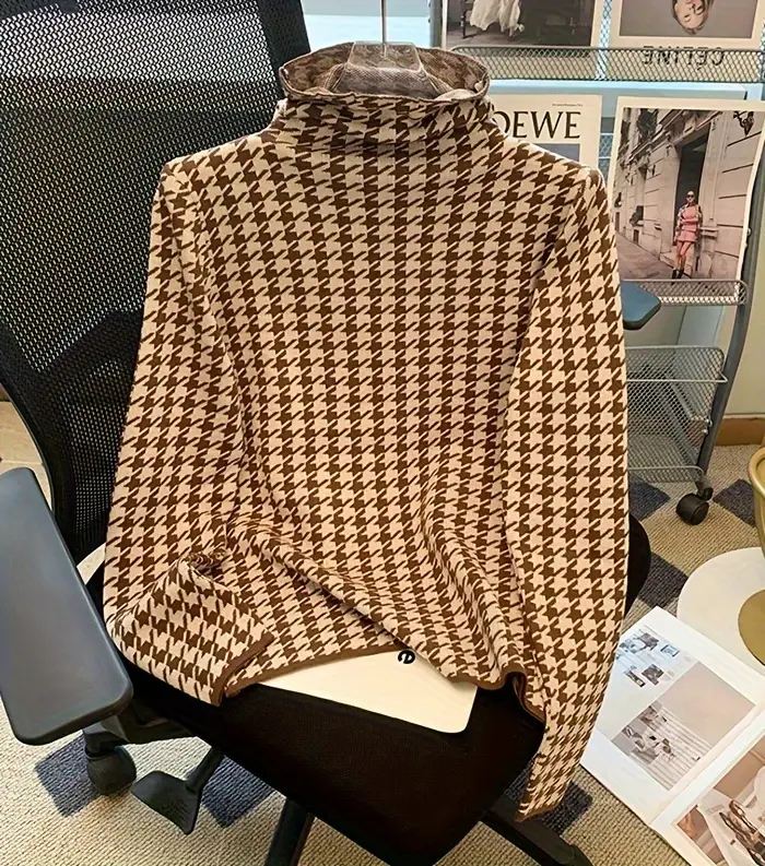 Houndstooth Pattern Turtle Neck Pullover Sweater Elegant Temu