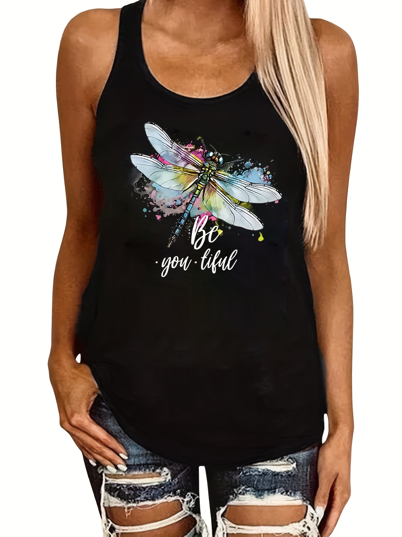 dragonfly print crew neck tank top, casual sleeveless tank top for ...