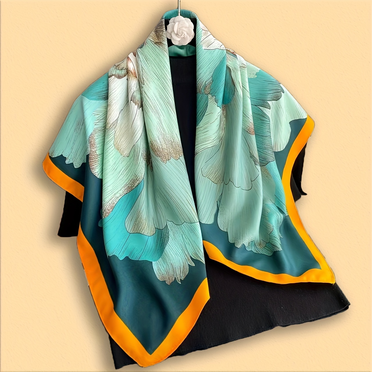 Green/yellow Flower Printed Square Scarf Elegant Thin - Temu Canada