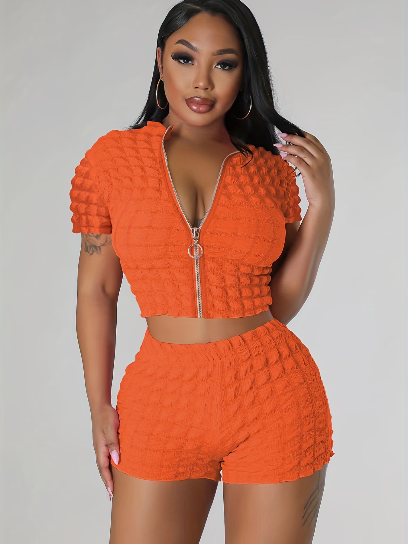 Popcorn Style Two Piece Set Crop Tank Top And Textured Pants Outfits