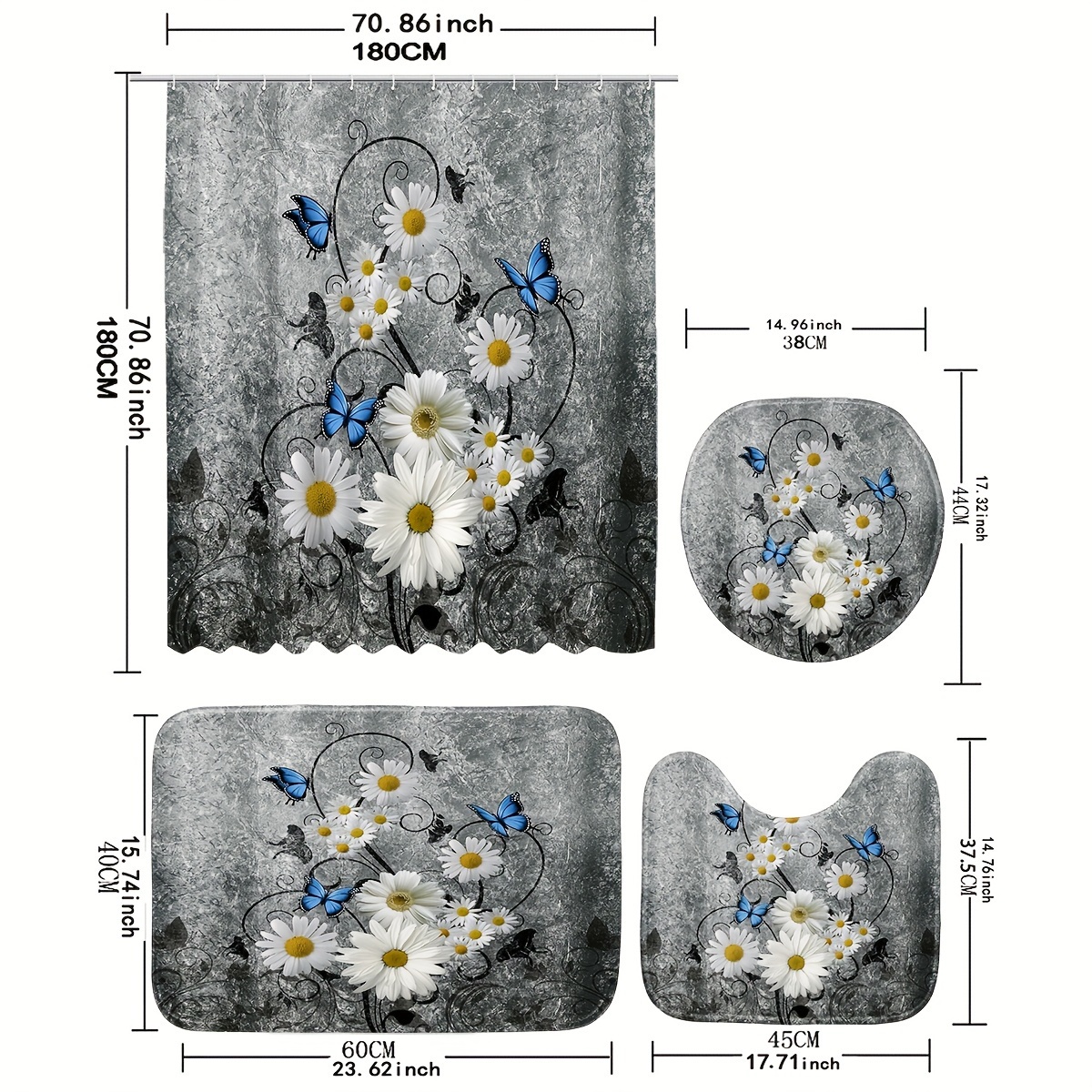 Butterfly Printed Shower Curtain Set Floral Gray Decorative - Temu New ...