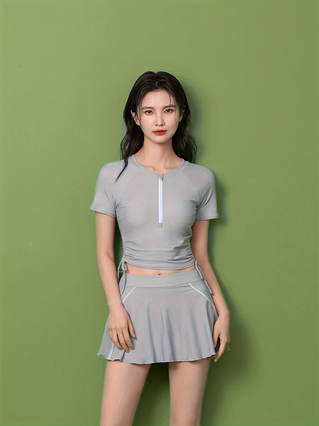 Grey Zipper Drawstring Tankini Short Sleeve High Stretch - Temu Australia