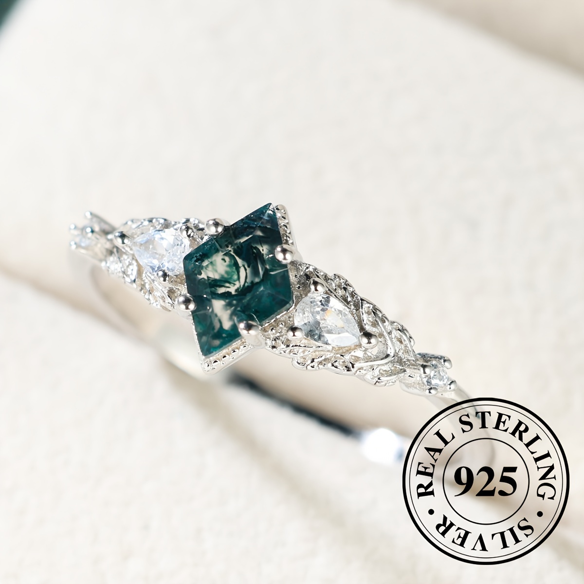 Green Rhombus Moss Agate Solitaire Ring 925 Silver - Temu Ireland
