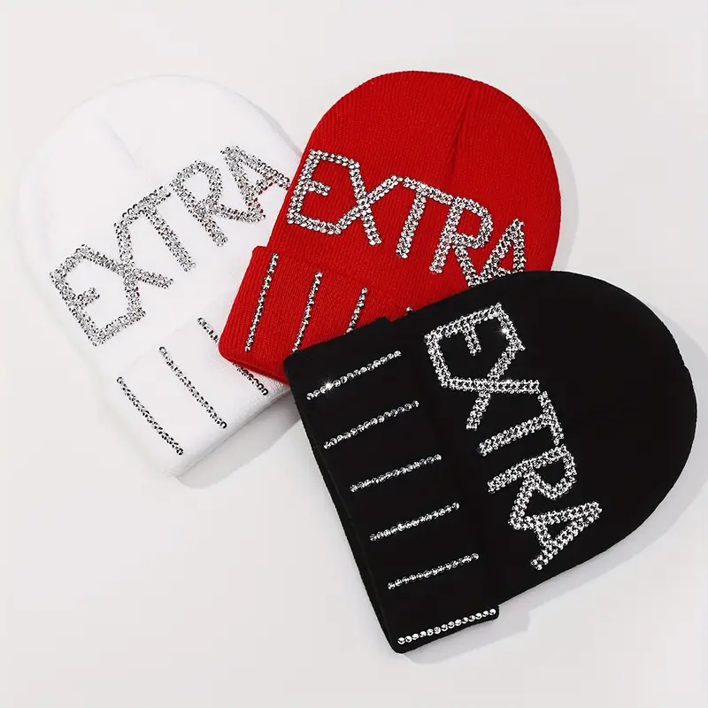 Rhinestone Extra Graphic Y2k Beanie Trendy Solid Color Knit Temu