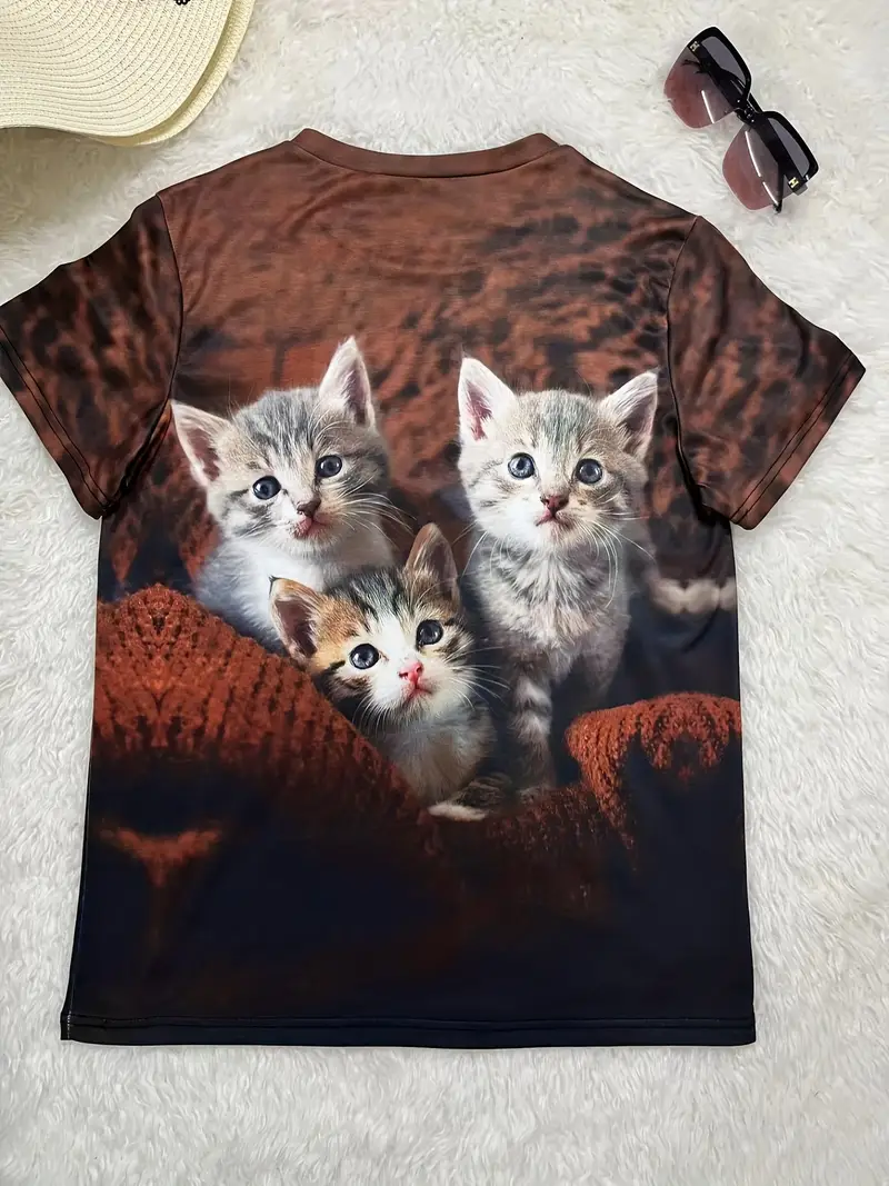 Cute Cat Print Crew Neck T Shirt Casual Short Sleeve T Shirt Temu
