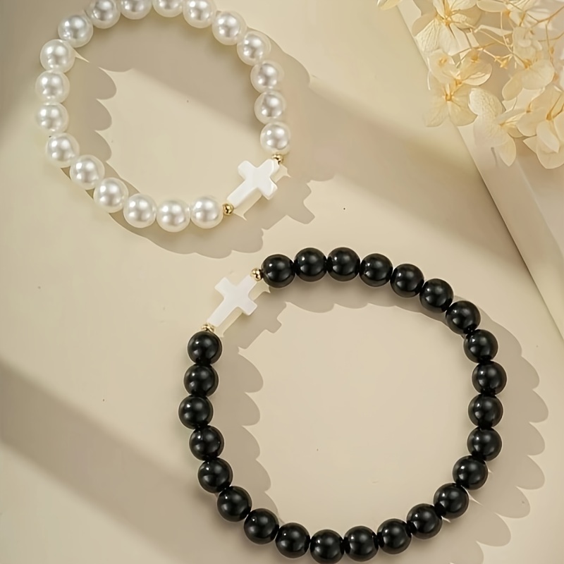 Cross Faux Pearl Decor Bracelets Couple Bracelets Friendship - Temu ...