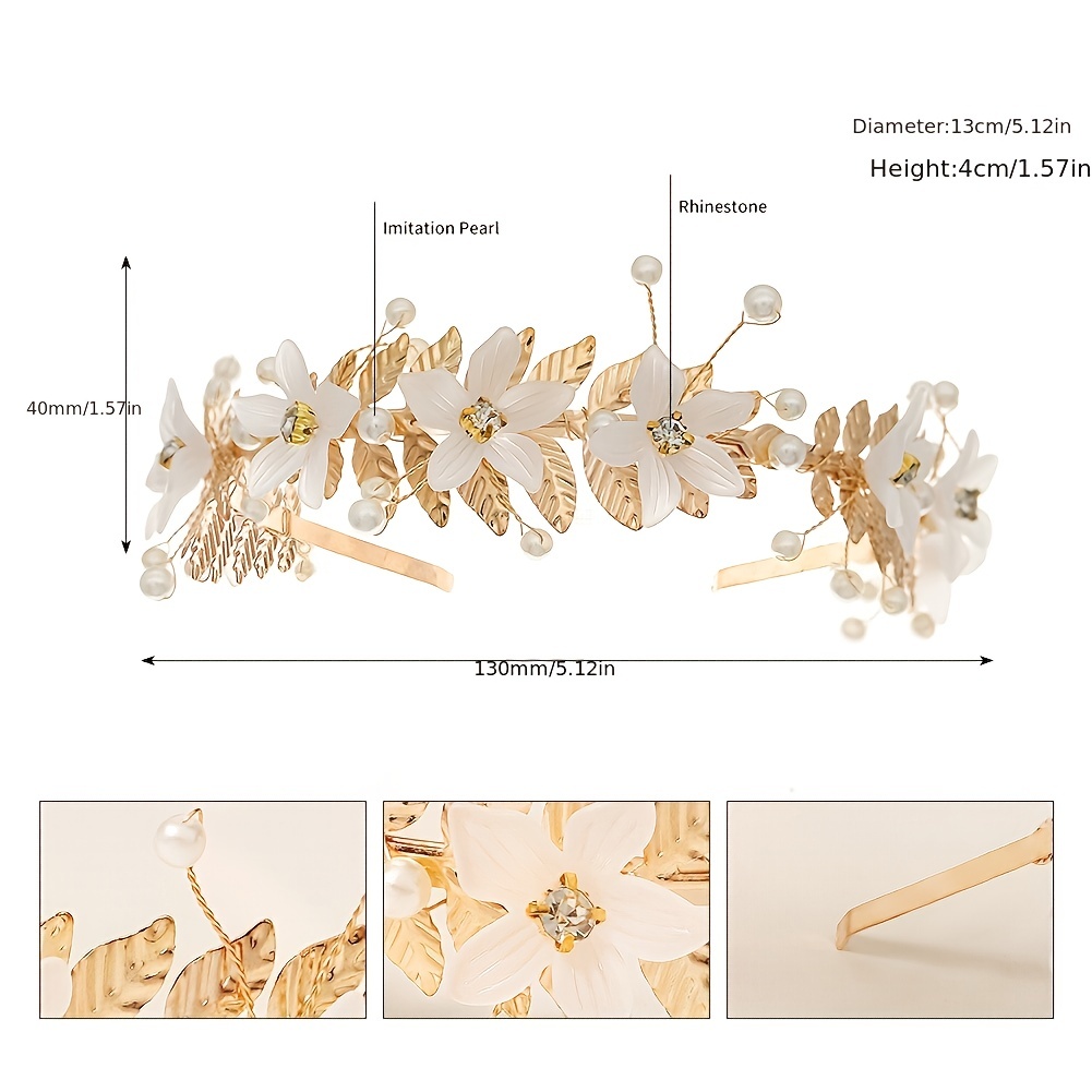 Flower Leaf Faux Pearl Golden Crown Hairband Headband Party - Temu ...