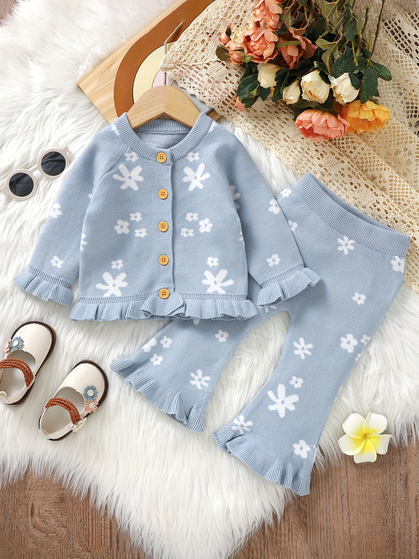 Baby Girls Cute Flower Knit Cardigan + Pants Set - Temu Australia