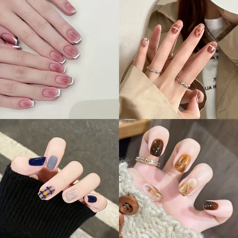 Glossy Short Square Press Nails Brown Gradient Temu Australia