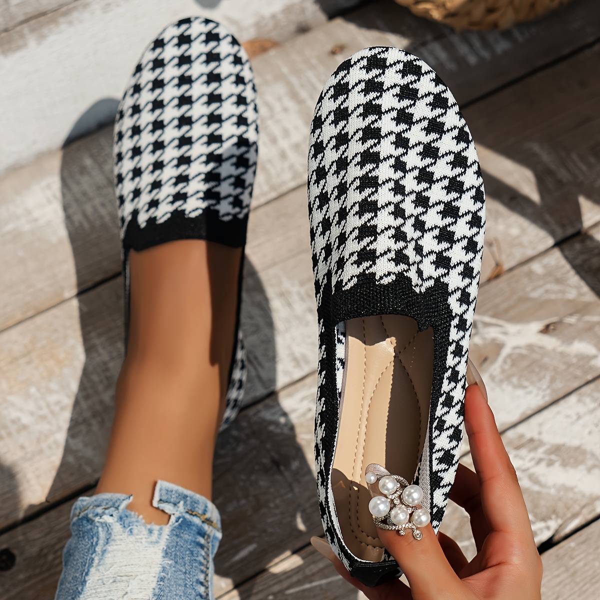 Women's Houndstooth Pattern Flats Casual Breathable Knitted - Temu Canada