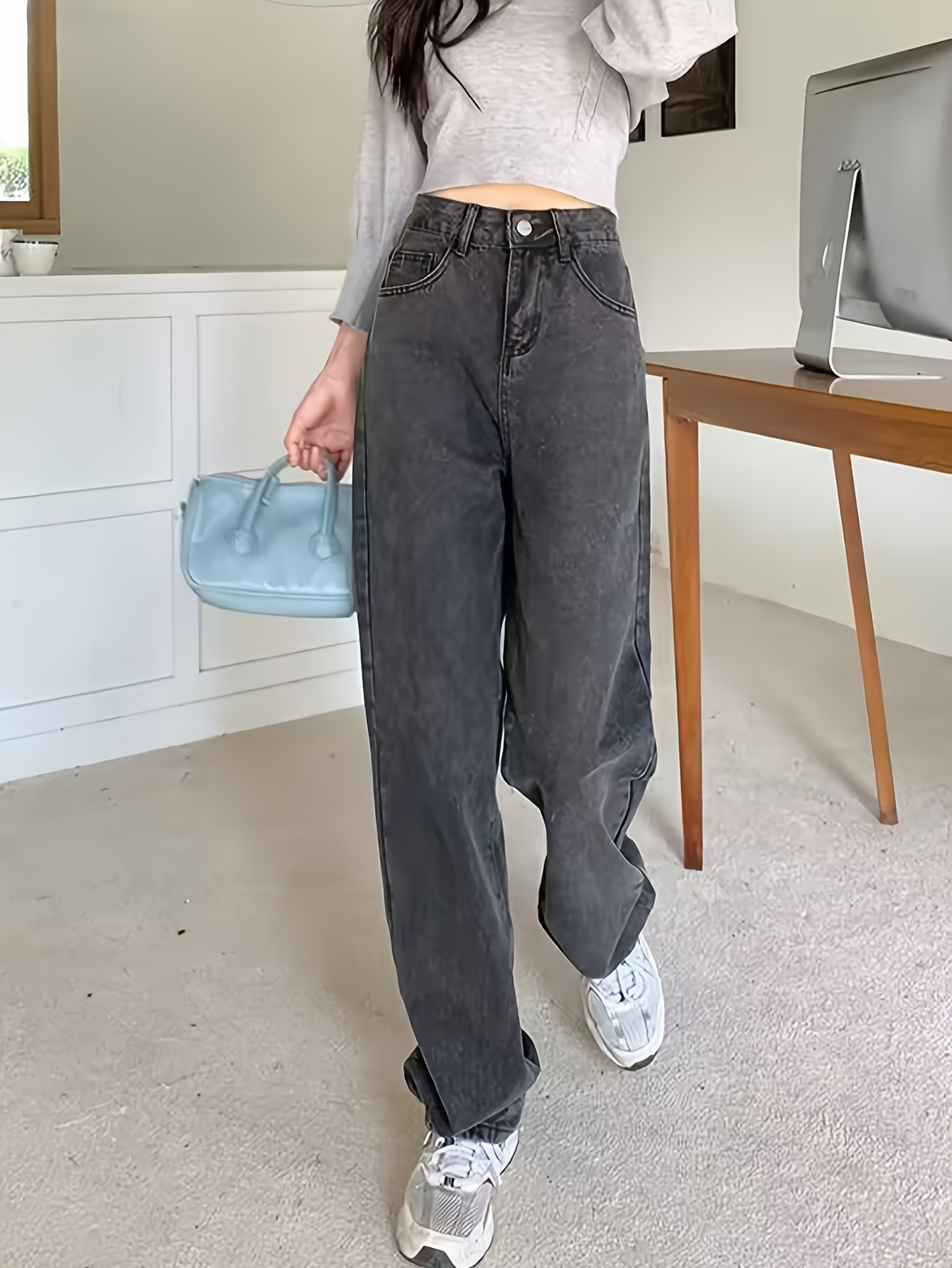 high waist washed straight jeans loose fit slant pockets - Temu New Zealand